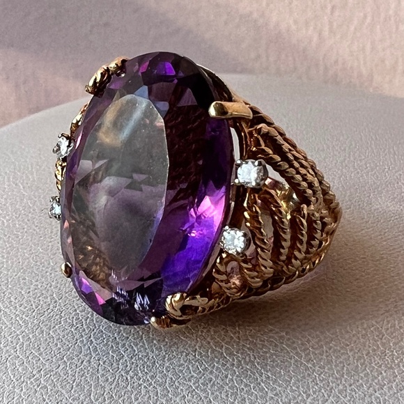 Jewelry | Vintage 14k Yellow Gold Huge Amethyst Diamond Ring Statement ...